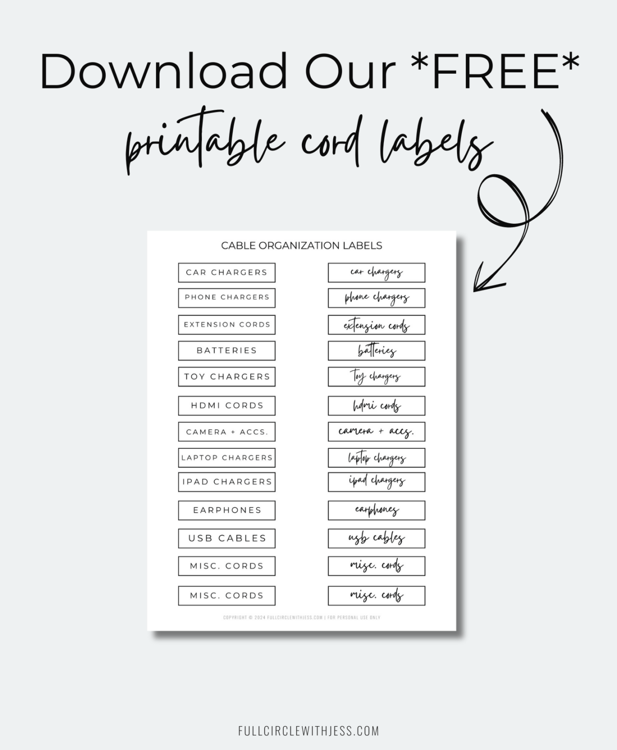 How to Organize Cords and FREE Printable Labels - Full Circle With Jess